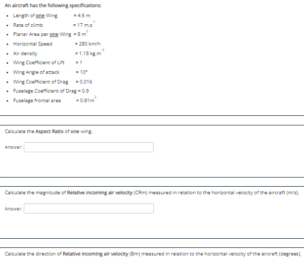 Solved = 17 ms' An aircraft has the following | Chegg.com