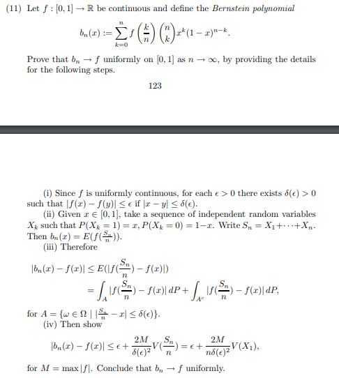 Solved Let f:[0,1]→R be continuous and define the Bernstein | Chegg.com