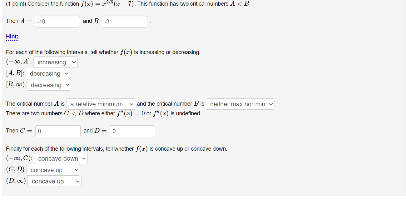 Solved (1 point) Consider the function f(x)=x2/5(x−7). This | Chegg.com