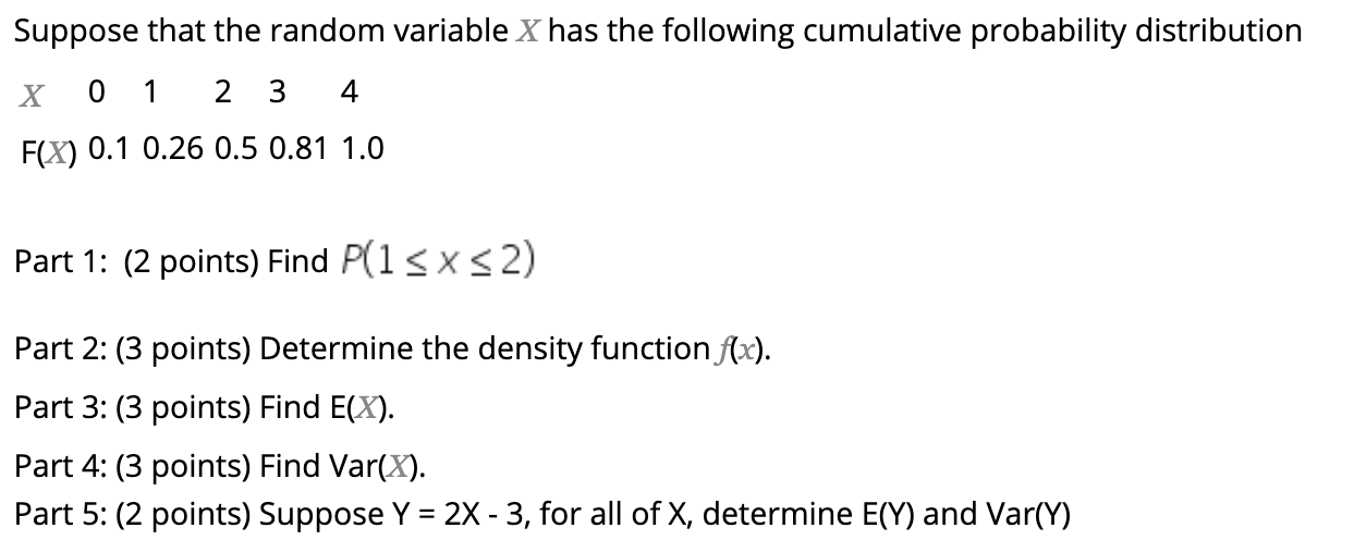 Solved Suppose that the random variable X has the following | Chegg.com