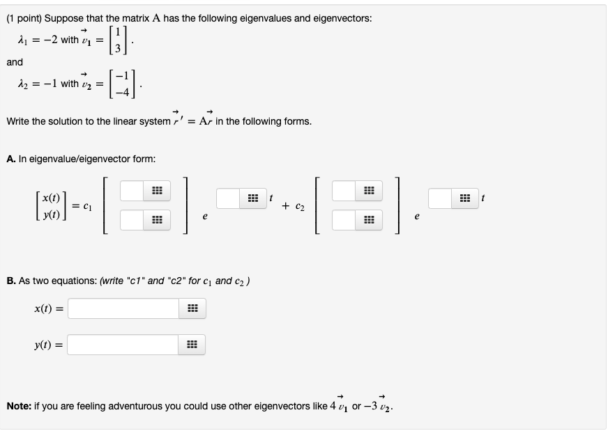 Solved (1 point) Suppose that the matrix A has the following | Chegg.com