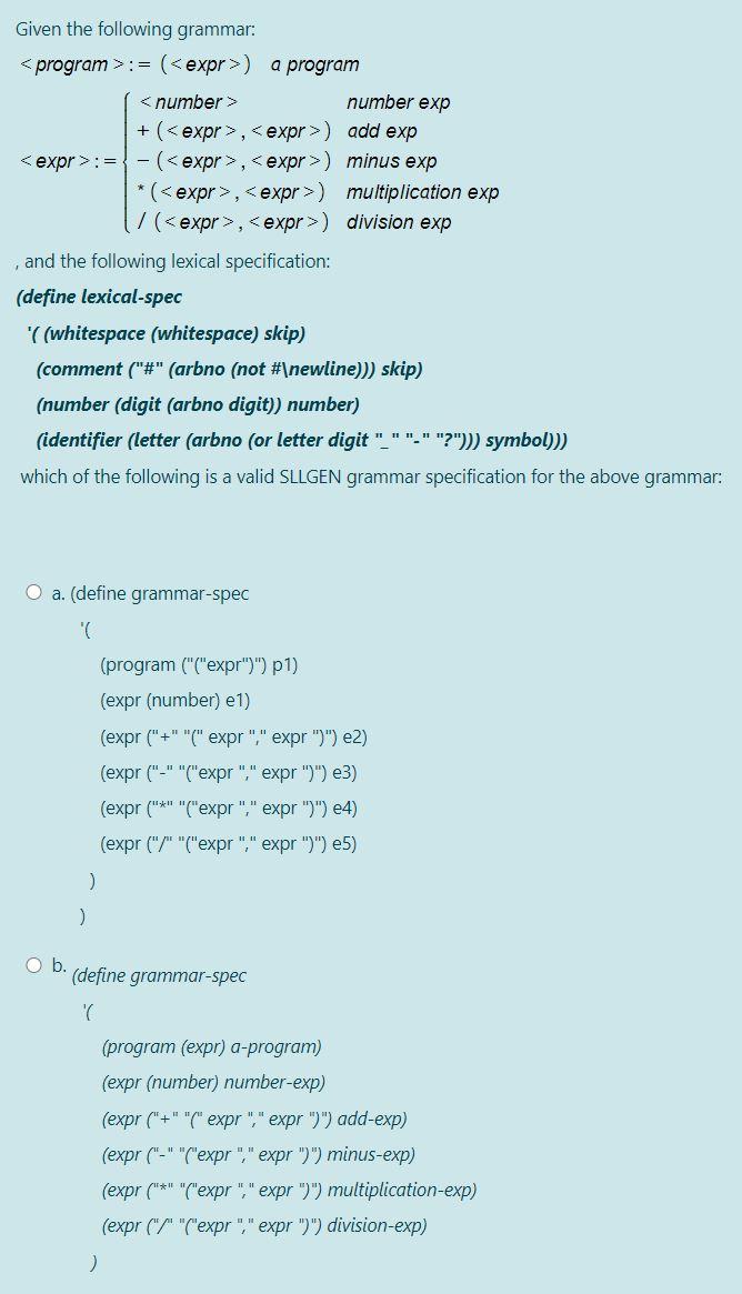 Solved Given the following grammar: := ( | Chegg.com