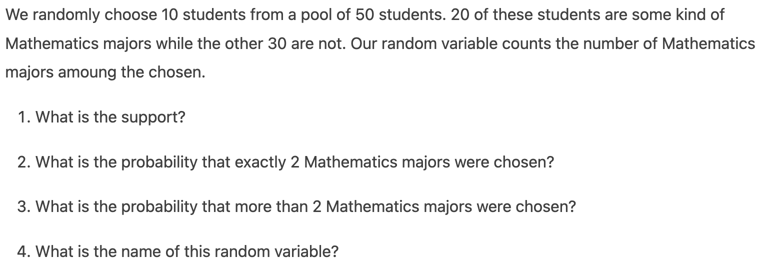Solved We randomly choose 10 students from a pool of 50 | Chegg.com