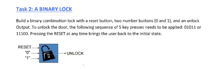 Solved Task 2: A BINARY LOCK Build a binary combination lock | Chegg.com