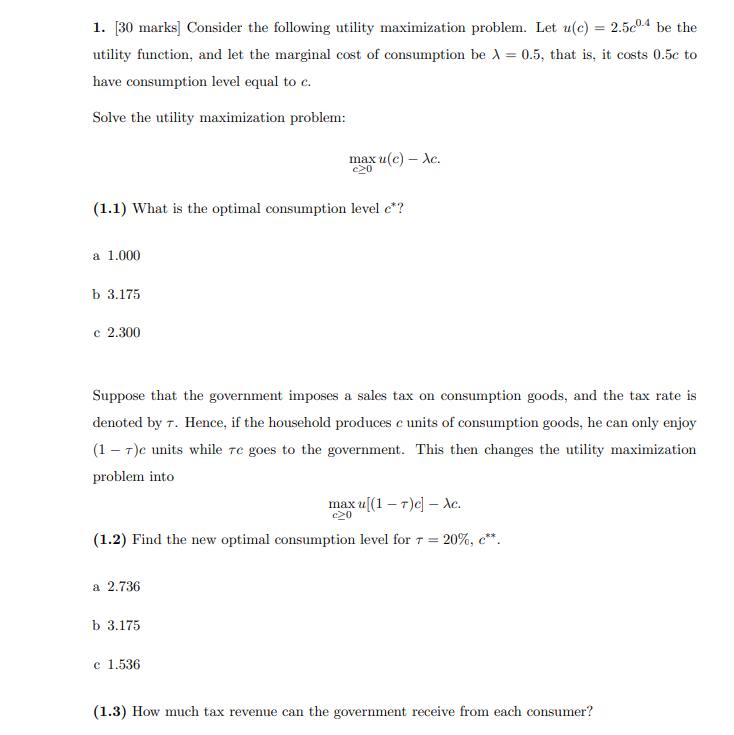 Solved 1. [30 marks] Consider the following utility | Chegg.com