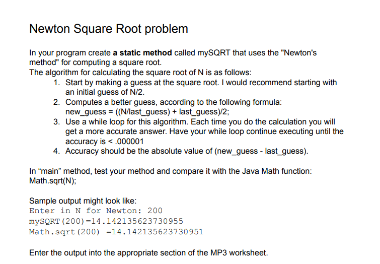 Solved In Your Program Create A Static Method Called Mysqrt 6068