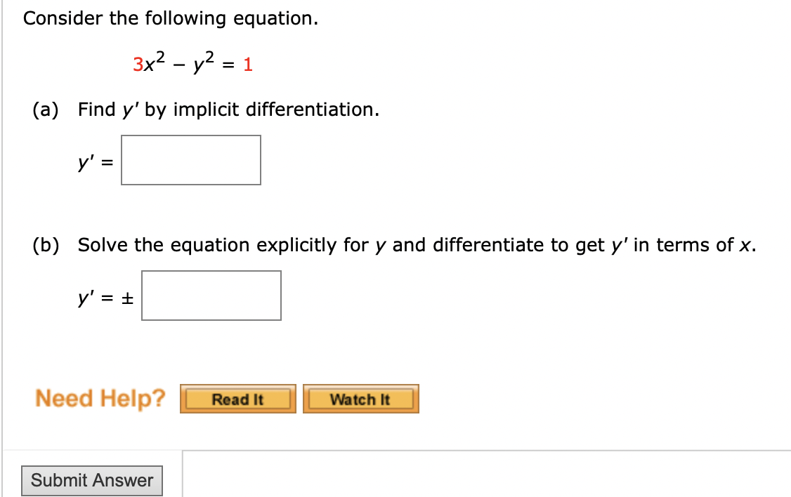 Solved Consider the following equation. 3x2−y2=1 (a) Find y′ | Chegg.com