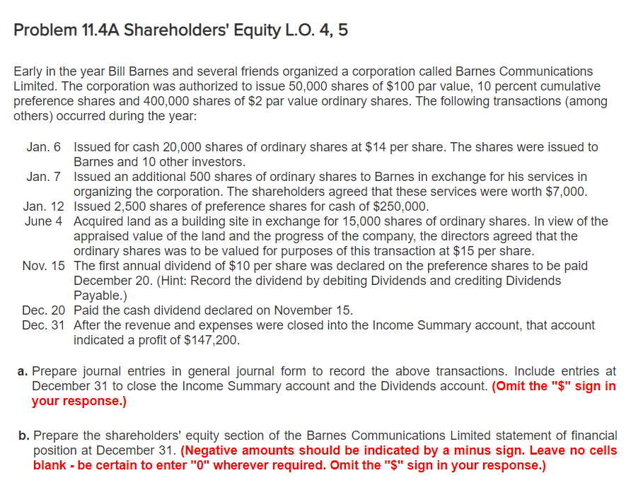 Solved Problem 11 4a Shareholders Equity L O 4 5 Early In Chegg