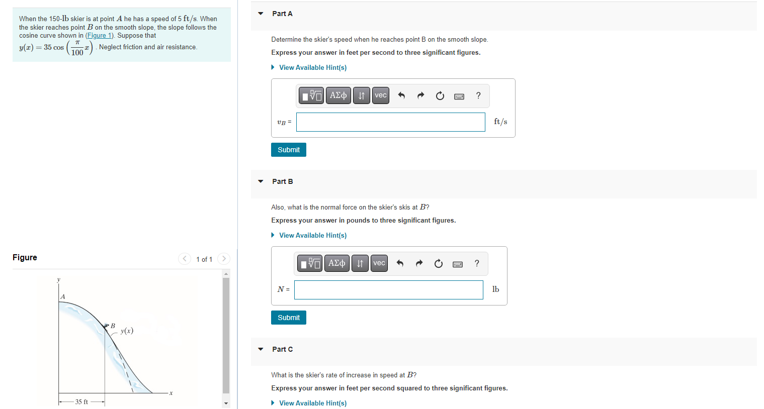 Solved When the 150 -lb skier is at point A he has a speed | Chegg.com