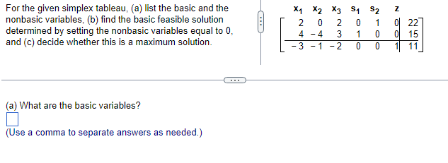 Solved For the given simplex tableau, (a) list the basic and | Chegg.com