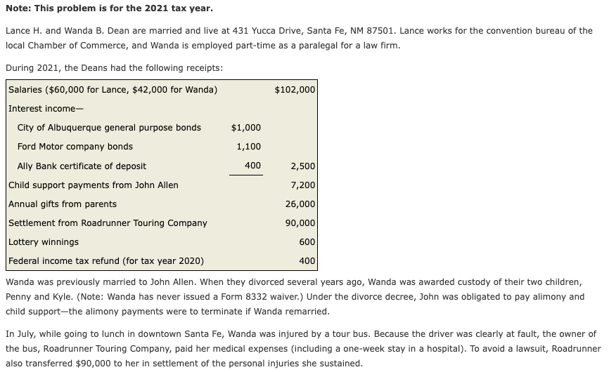 Note: This problem is for the 2021 tax year. Lance H. | Chegg.com