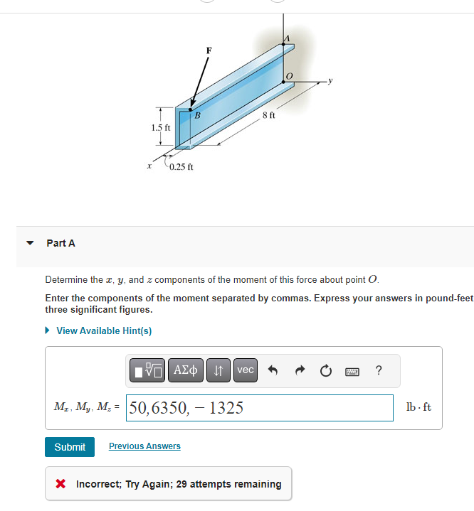 Solved Determine the x,y, and z components of the moment of | Chegg.com