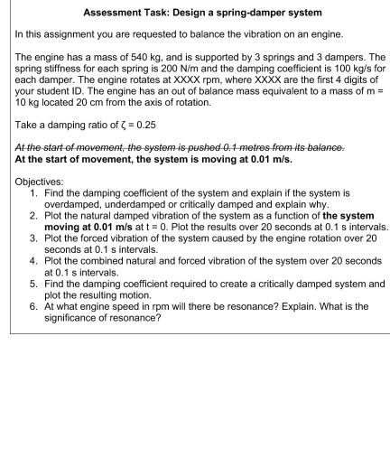Assessment Task: Design a spring-damper system In | Chegg.com