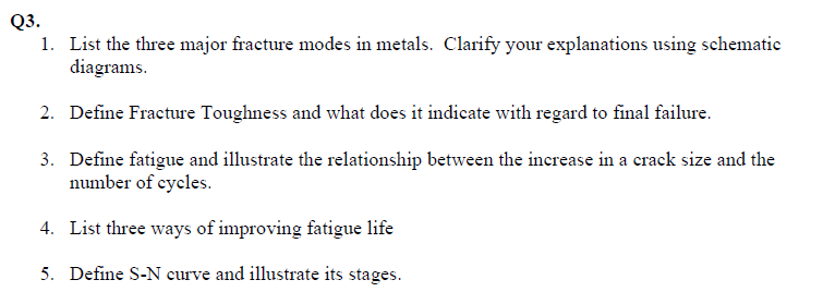 Solved 3 1. List the three major fracture modes in metals. | Chegg.com