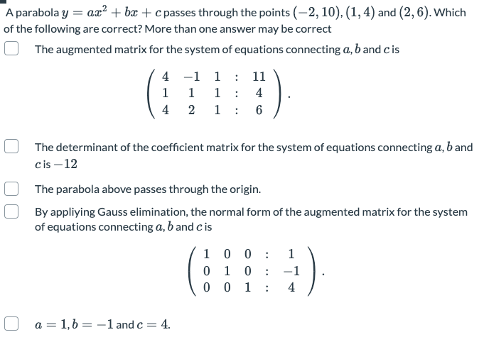 Solved A parabola y = ax? +bx+c passes through the points | Chegg.com