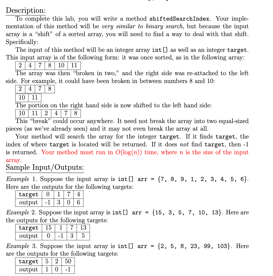 Solved lic class ShiftedBinarySearchStarterCode \{ public | Chegg.com