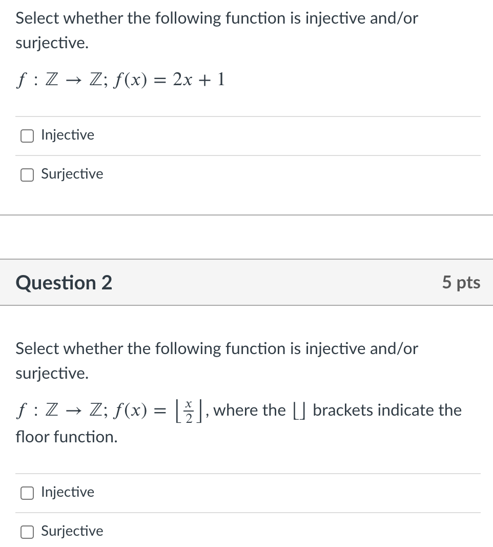 Solved Select whether the following function is injective | Chegg.com