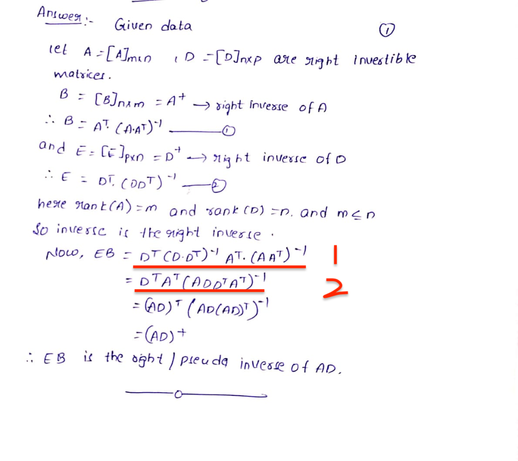Solved Product of pseudo-inverses. Suppose A and D are | Chegg.com