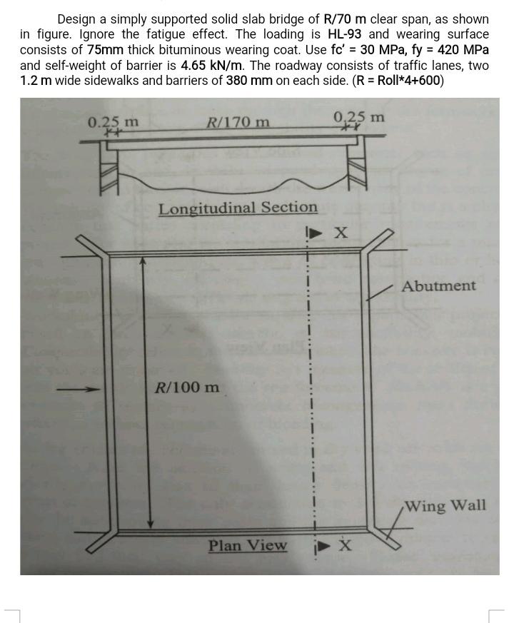 Solved Design a simply supported solid slab bridge of R/70 m | Chegg.com