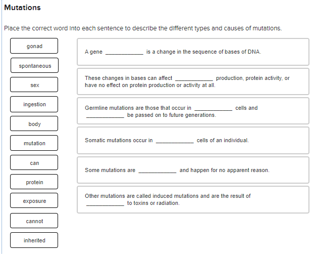 Solved Mutations Place the correct word into each sentence | Chegg.com