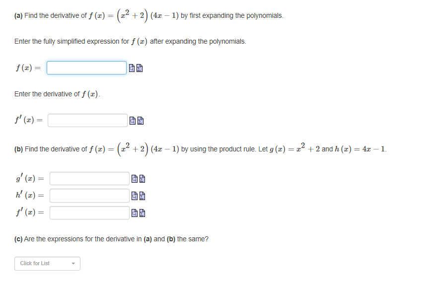 Solved (a) Find the derivative of f (x) = (x2 + 2) (42 – 1) | Chegg.com