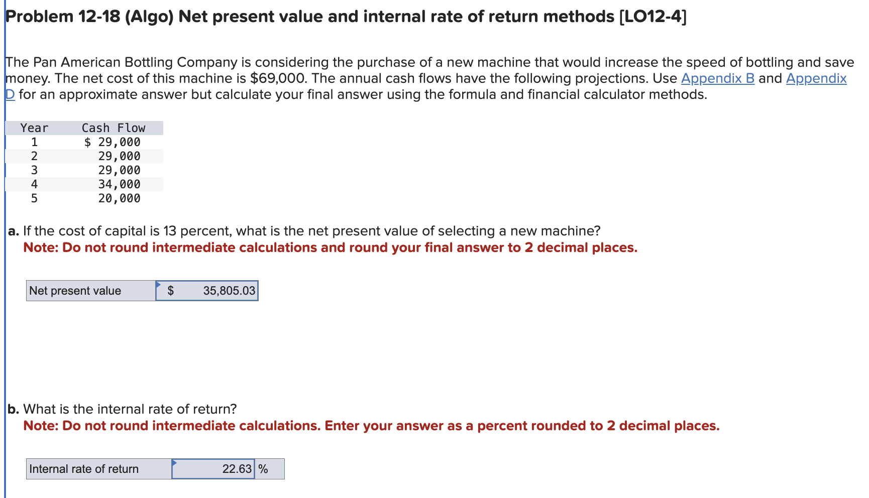 Solved Problem 12-18 (Algo) ﻿Net present value and internal | Chegg.com