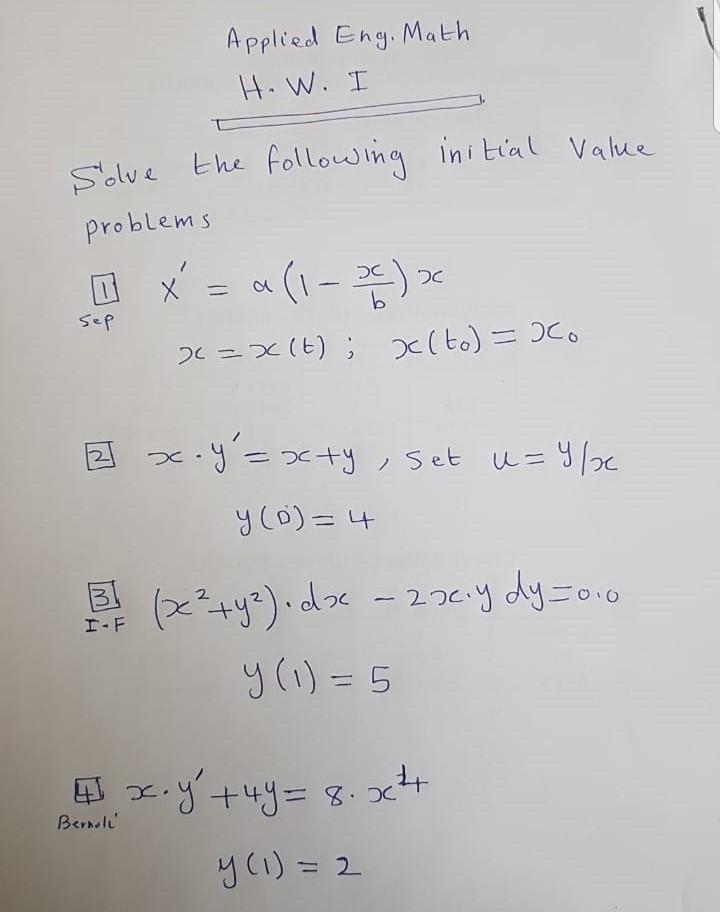 Solved Applied Eng. Math H. W. I solve the following initial | Chegg.com