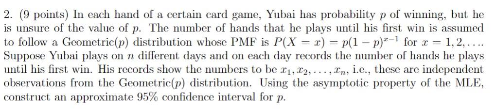 Solved 2. (9 points) In each hand of a certain card game, | Chegg.com