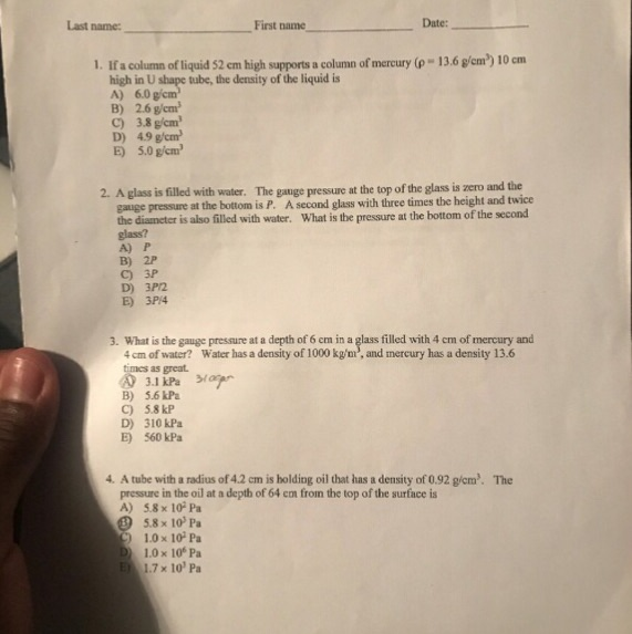 Solved Last name First name Date: 1. If a column of liquid | Chegg.com