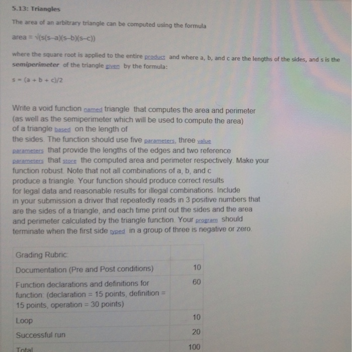 Solved 5.13: Triangles The area of an arbitrary triangle can | Chegg.com