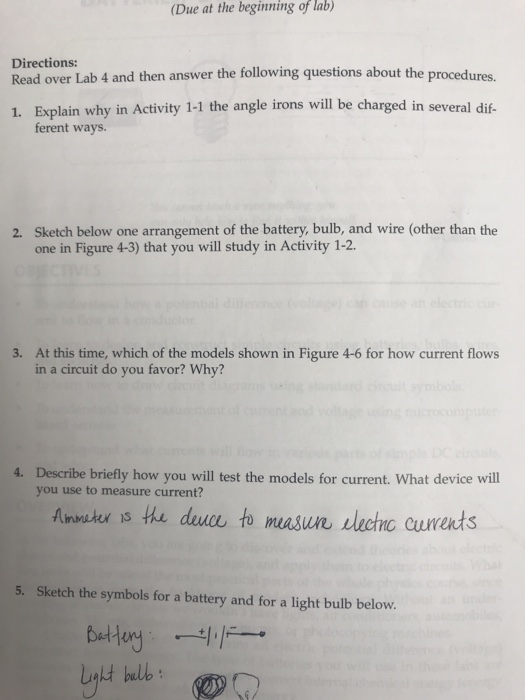 Due at the beginming of lab Directions: Read over Lab | Chegg.com