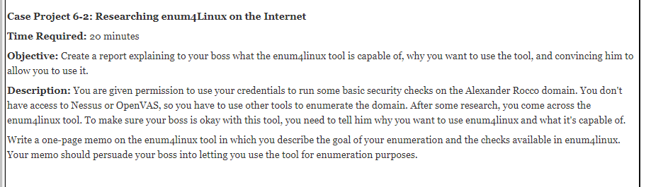 Solved Case Project 6-2: Researching enum4Linux on the | Chegg.com