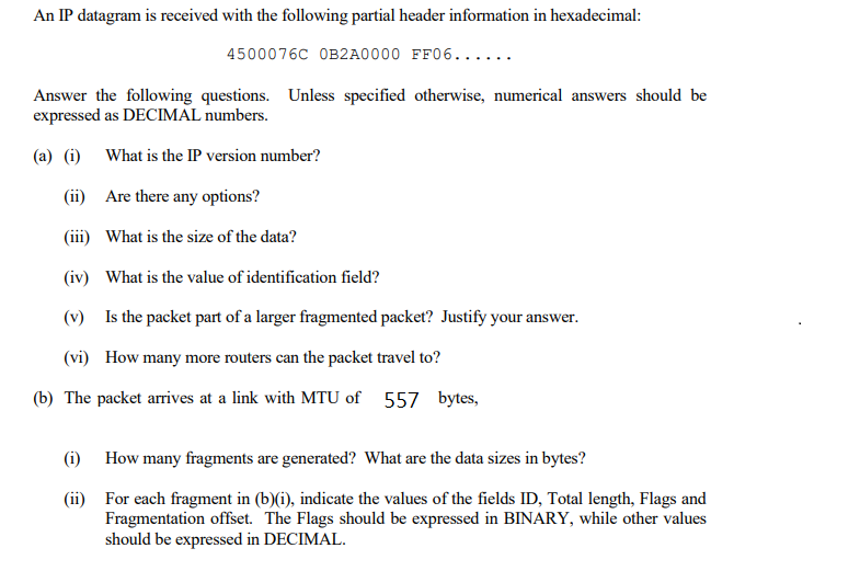 Solved An IP datagram is received with the following partial | Chegg.com
