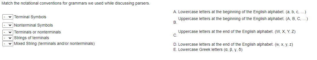 Solved Match the notational conventions for grammars we used | Chegg.com