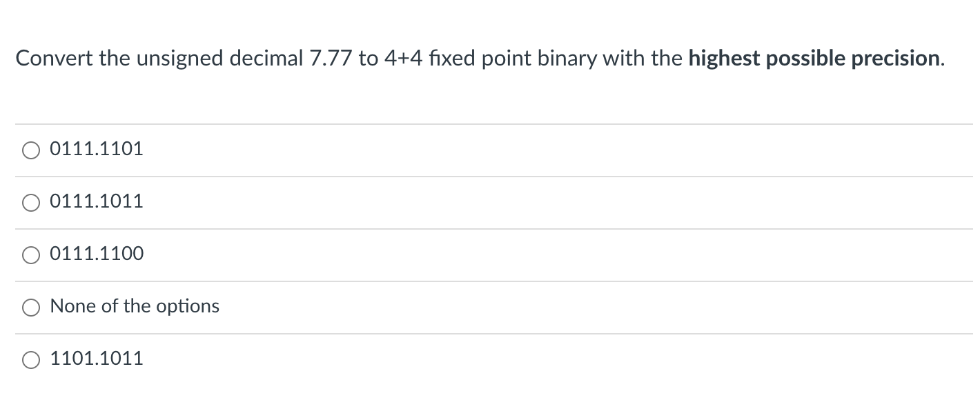 Solved Convert the unsigned decimal 7.77 to 4+4 fixed point | Chegg.com