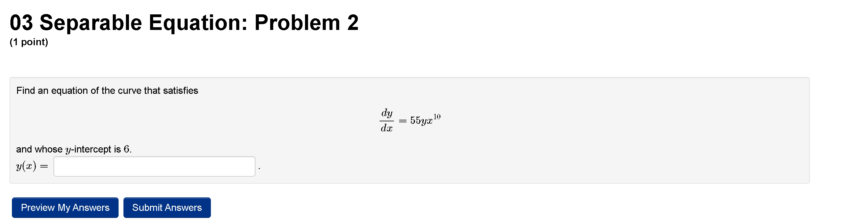 Solved 03 Separable Equation: Problem 2 (1 point) Find an | Chegg.com
