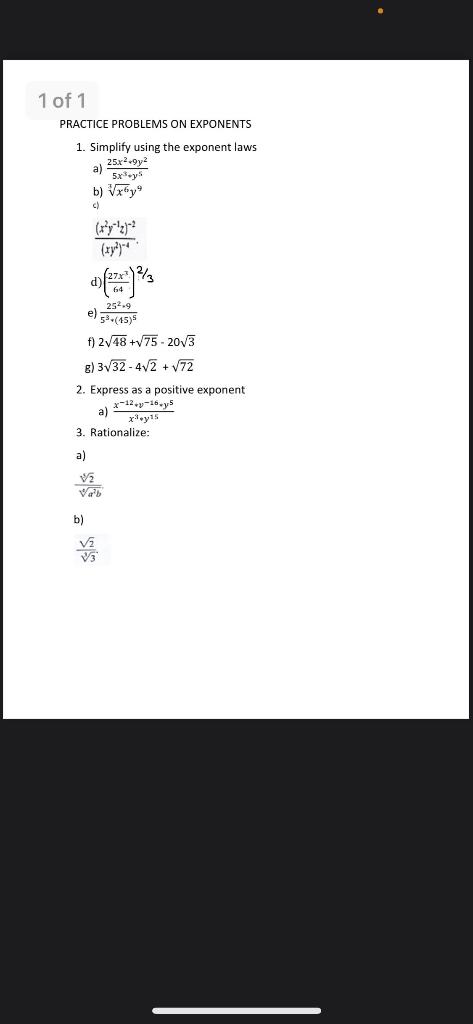 Solved 1 of 1 PRACTICE PROBLEMS ON EXPONENTS 1. Simplify | Chegg.com