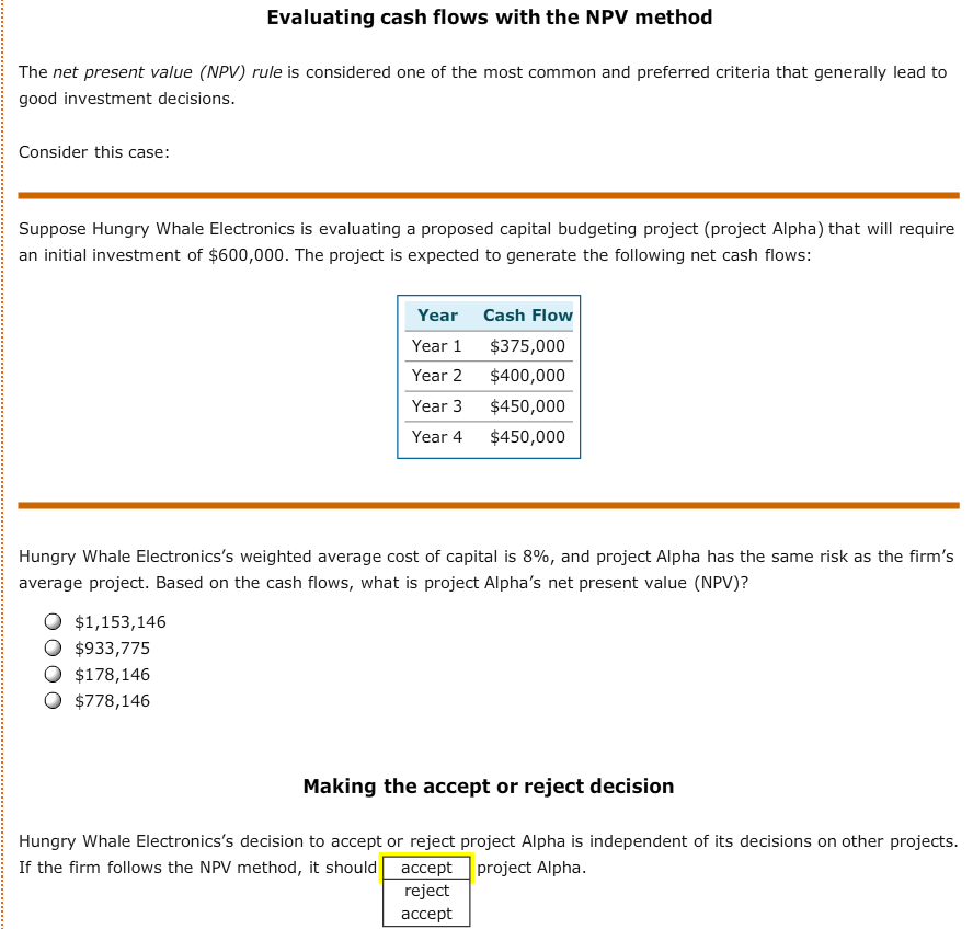 Solved Evaluating cash flows with the NPV method The net | Chegg.com