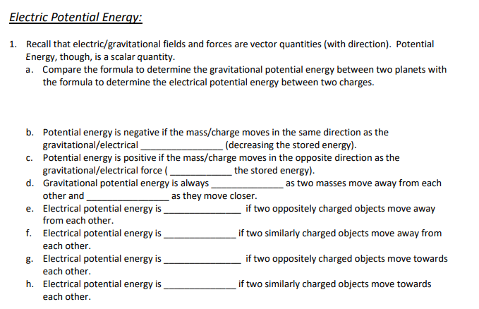 Solved Electric Potential Energy: 1. Recall that | Chegg.com