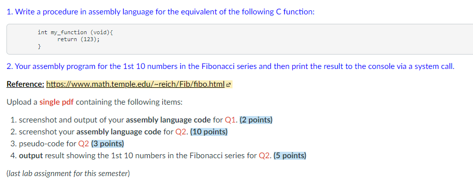 Solved 1. Write a procedure in assembly language for the | Chegg.com