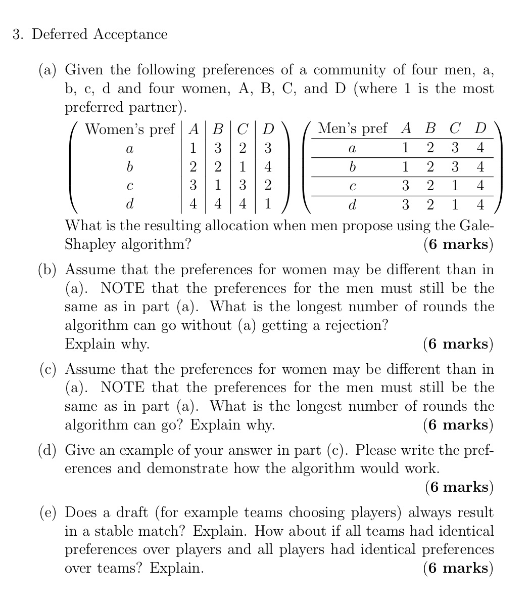 Deferred Acceptance (a) Given the following | Chegg.com