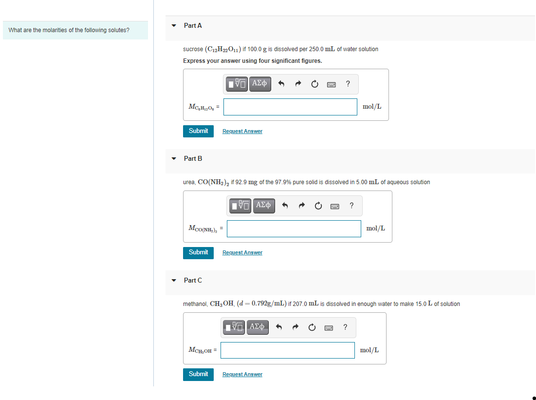 Solved Part A What are the molarities of the following | Chegg.com