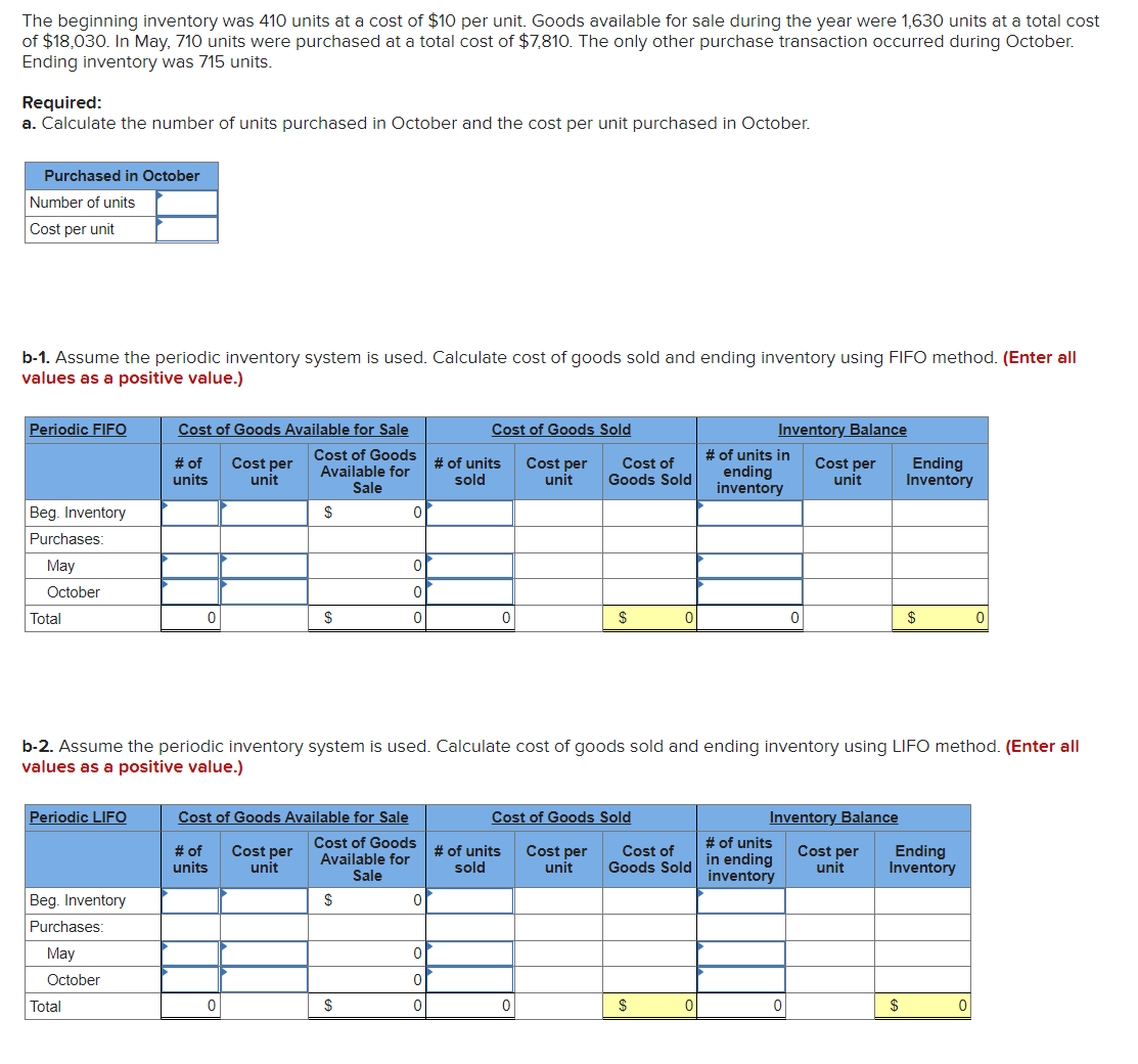 Solved The beginning inventory was 410 units at a cost of | Chegg.com