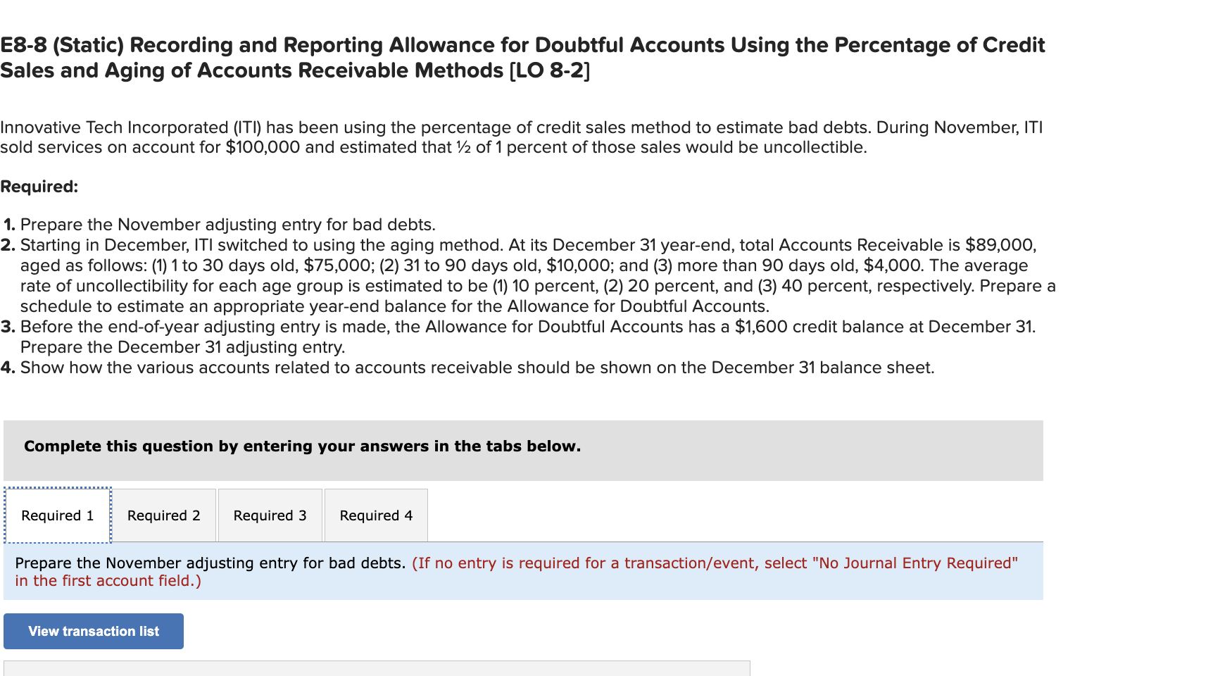 Solved E8-8 (Static) Recording and Reporting Allowance for | Chegg.com