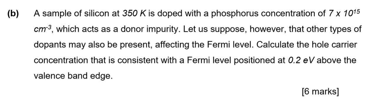 Solved (b) ﻿A sample of silicon at 350 ﻿K is doped with a | Chegg.com
