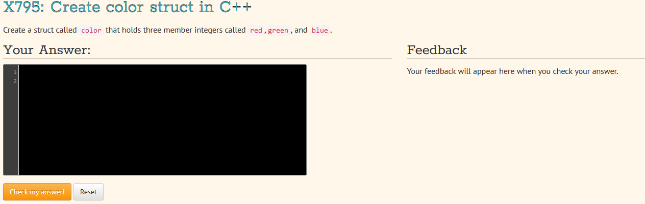 Solved X795: Create color struct in C++ Create a struct | Chegg.com Solved X795: Create color struct in C++ Create a struct | Chegg.com