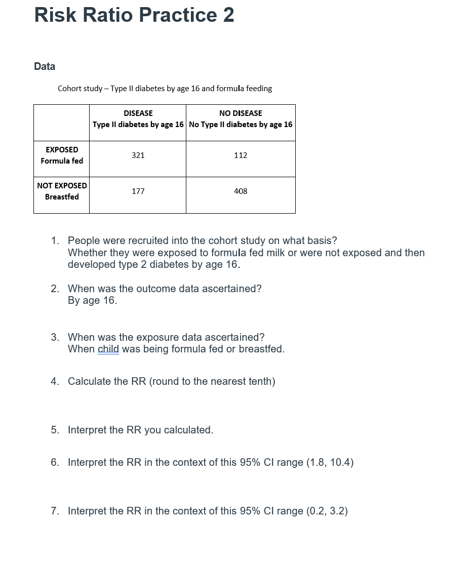 Solved Risk Ratio Practice 2 Data Cohort study - Type II | Chegg.com