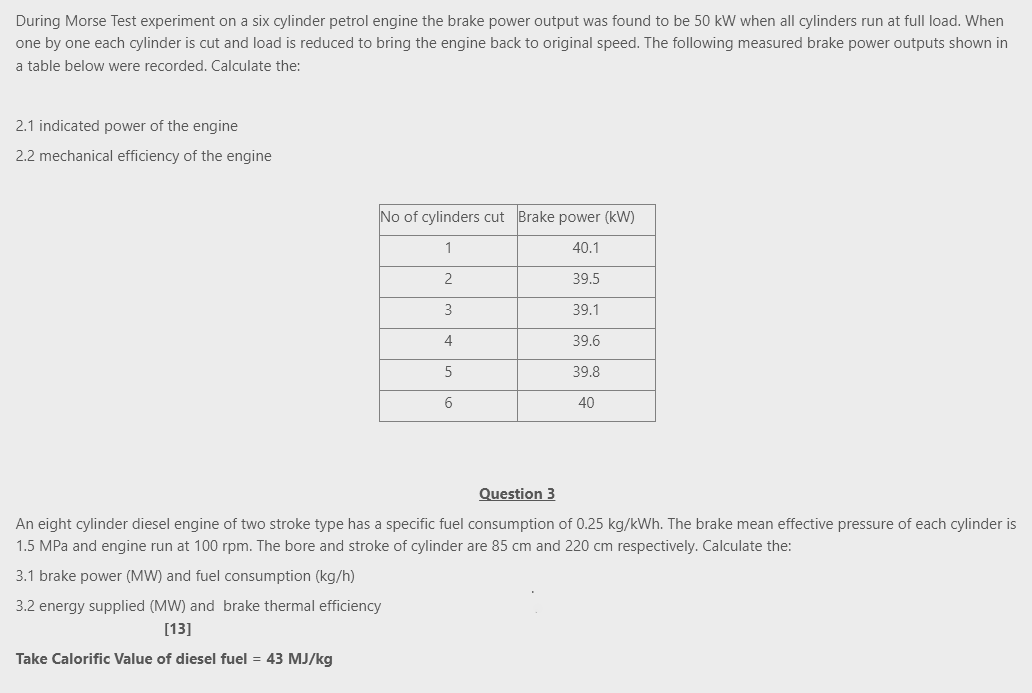 Solved During Morse Test experiment on a six cylinder petrol | Chegg.com