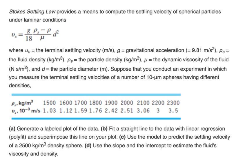 Solved Stokes Settling Law provides a means to compute the | Chegg.com