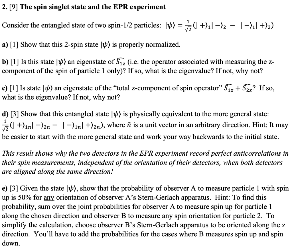 2. [9] The spin singlet state and the EPR experiment | Chegg.com